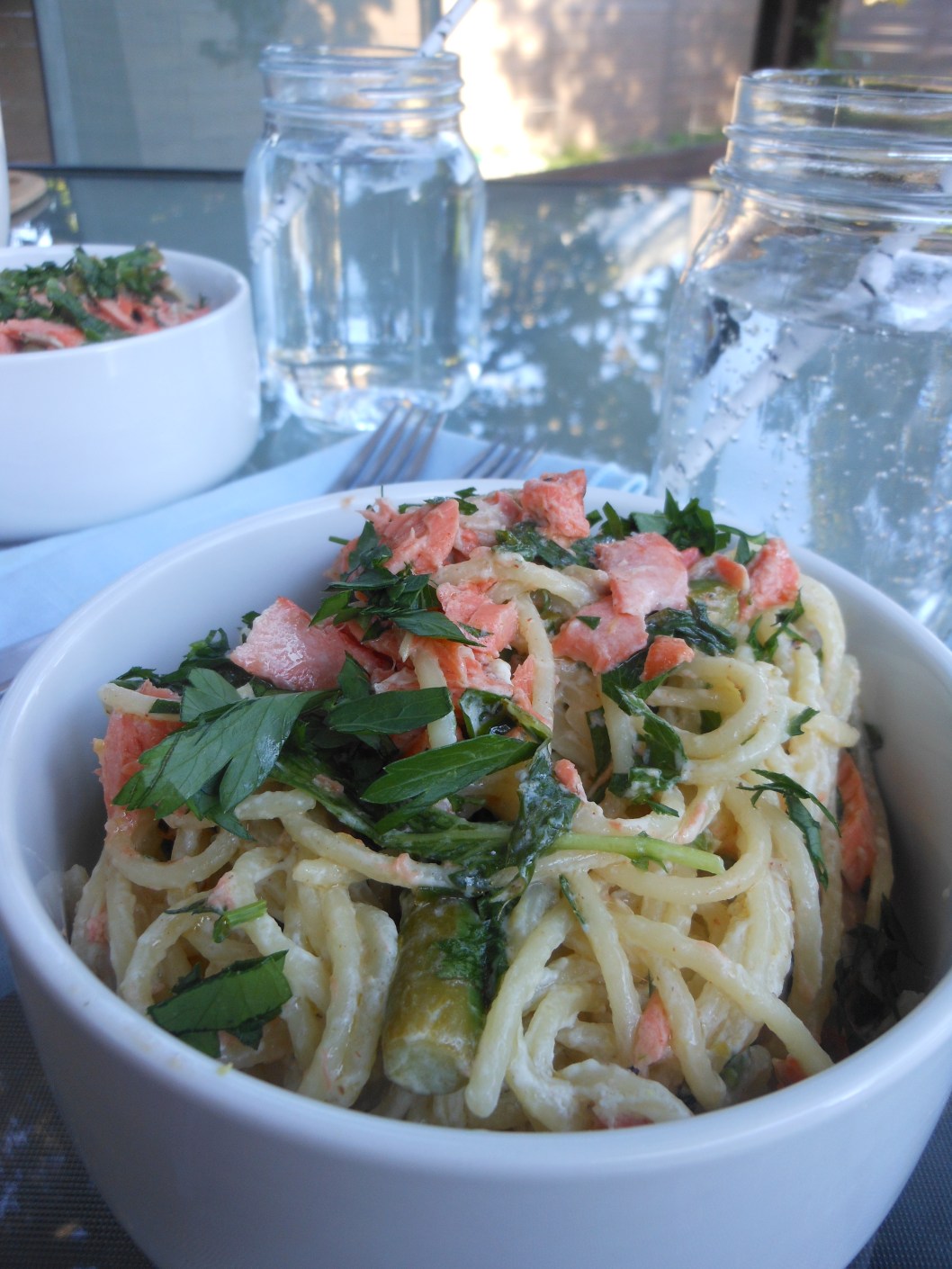 Asparagus Salmon Lemon Pasta w/Greens | Cosmo Hippie Chef